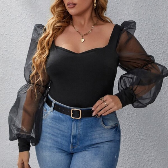 BellanBlue | Tops | Plus Black Sweetheart Neck Puff Sheer Sleeve Blouse ...